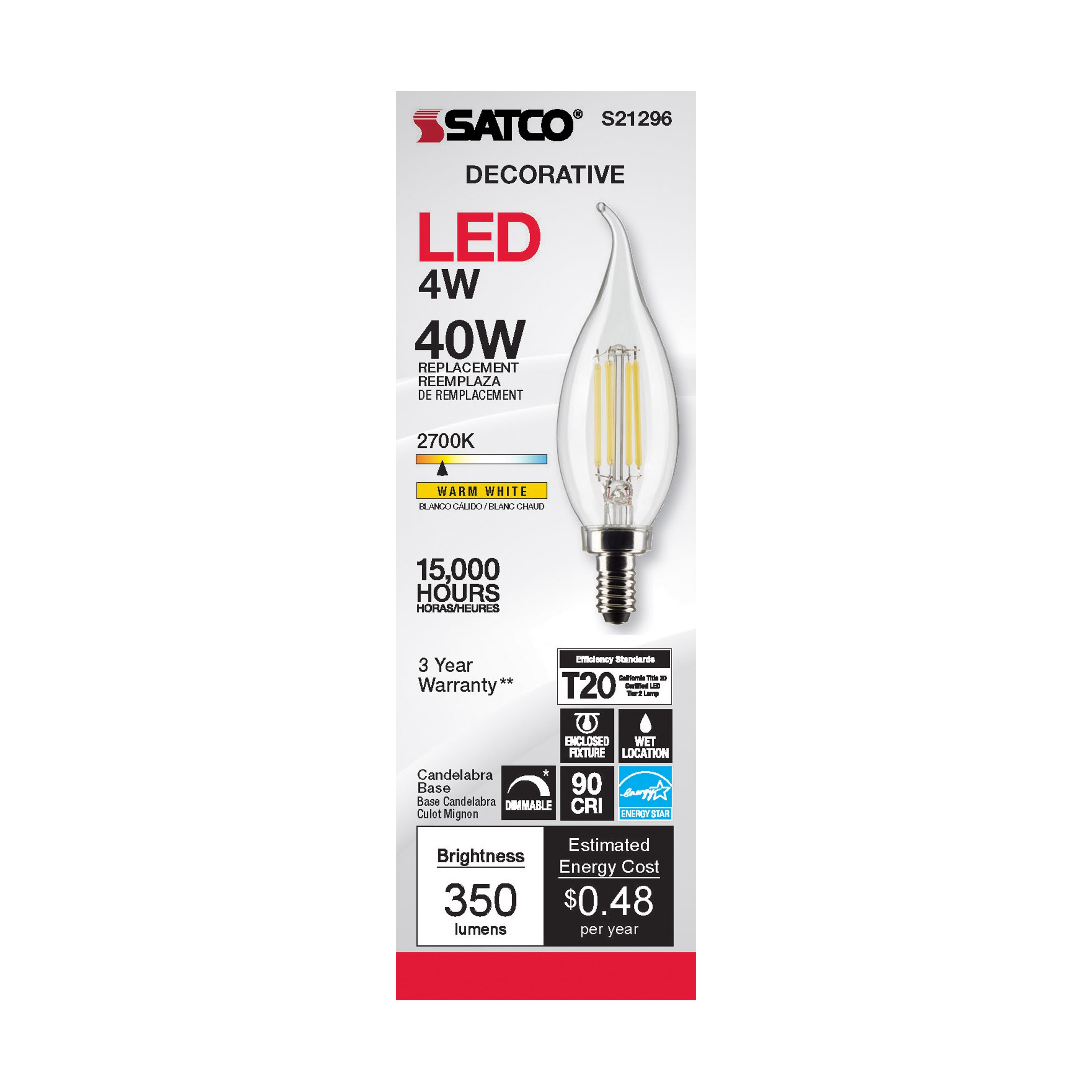 Satco S21296 4CA10/LED/927/CL/120V/E12 4 Watts 120 Volts 0.044A LED