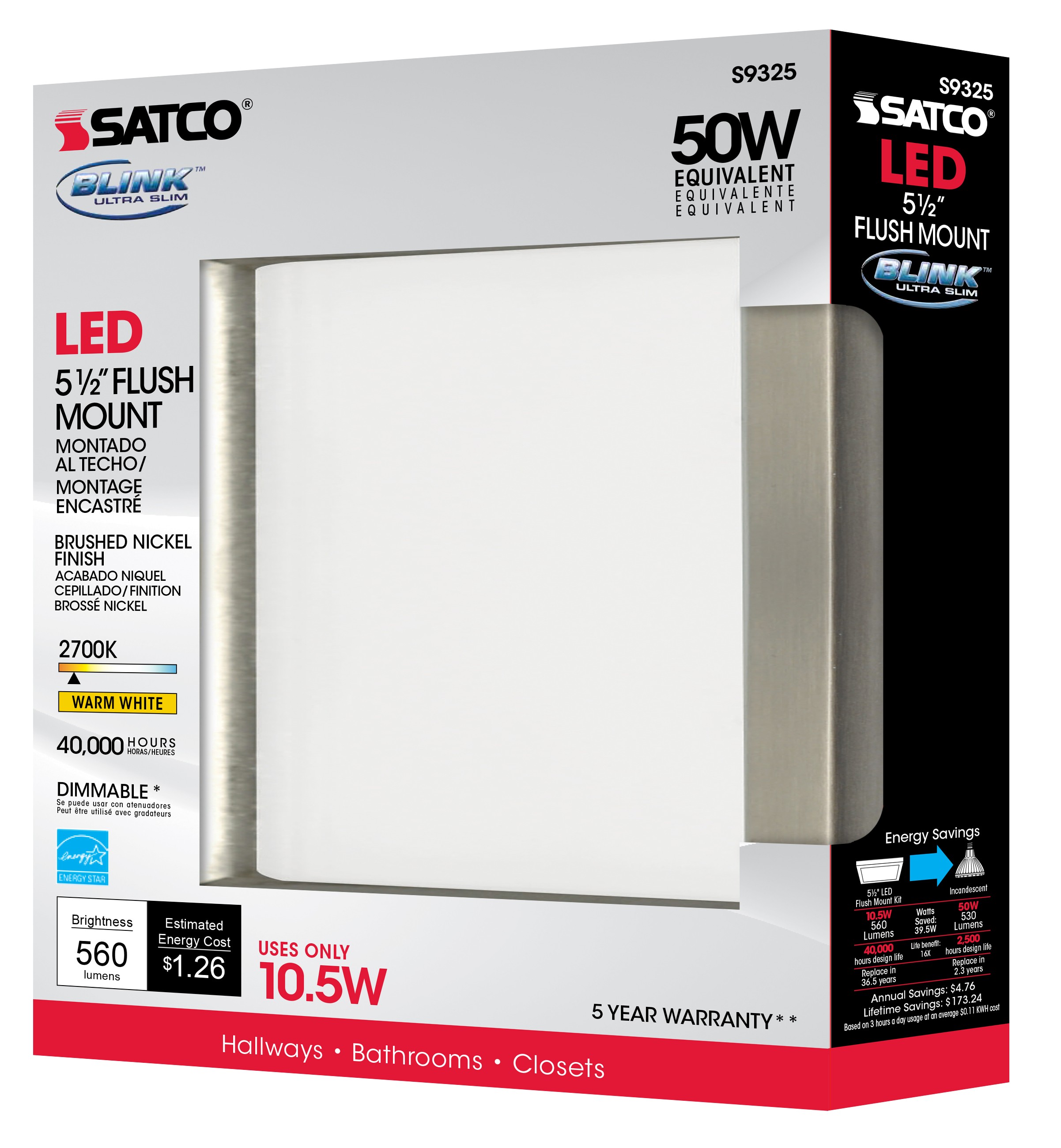 Satco S9325 10.5W/LED/5.5"FLUSH/27K/SQ/BN 10.5 Watts 120 Volts 2700K