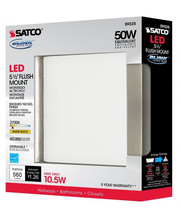 Satco S9325 10.5W/LED/5.5"FLUSH/27K/SQ/BN 10.5 Watts 120 Volts 2700K
