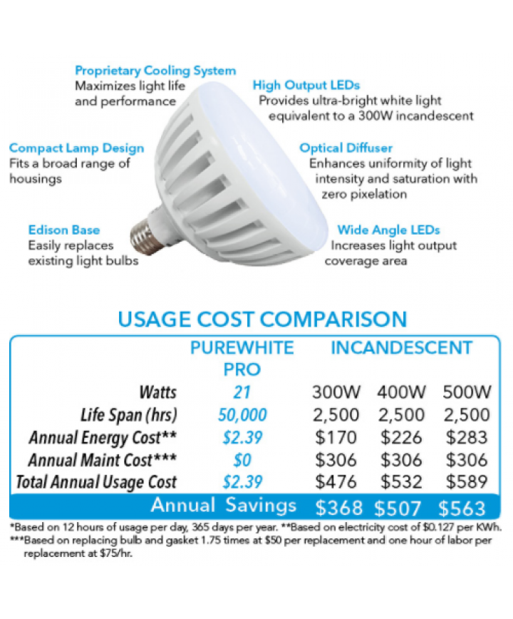 LED Pool Bulb LPL-PR-WHT-120 PRO LED Lamp 120V 300W Equiv. 6500K